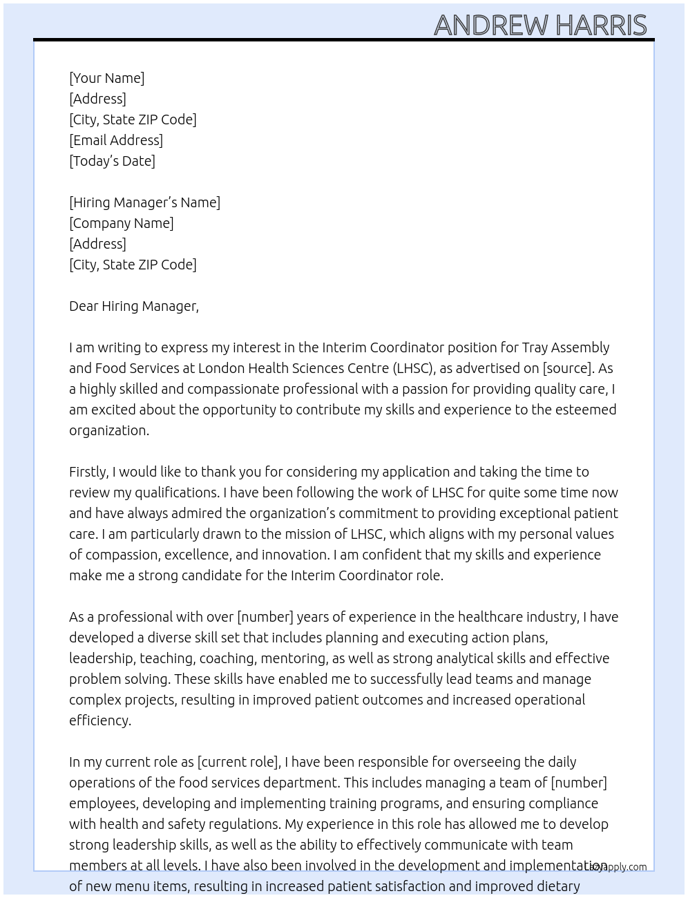 Cover letter for interim coordinator, tray assembly and food services ...