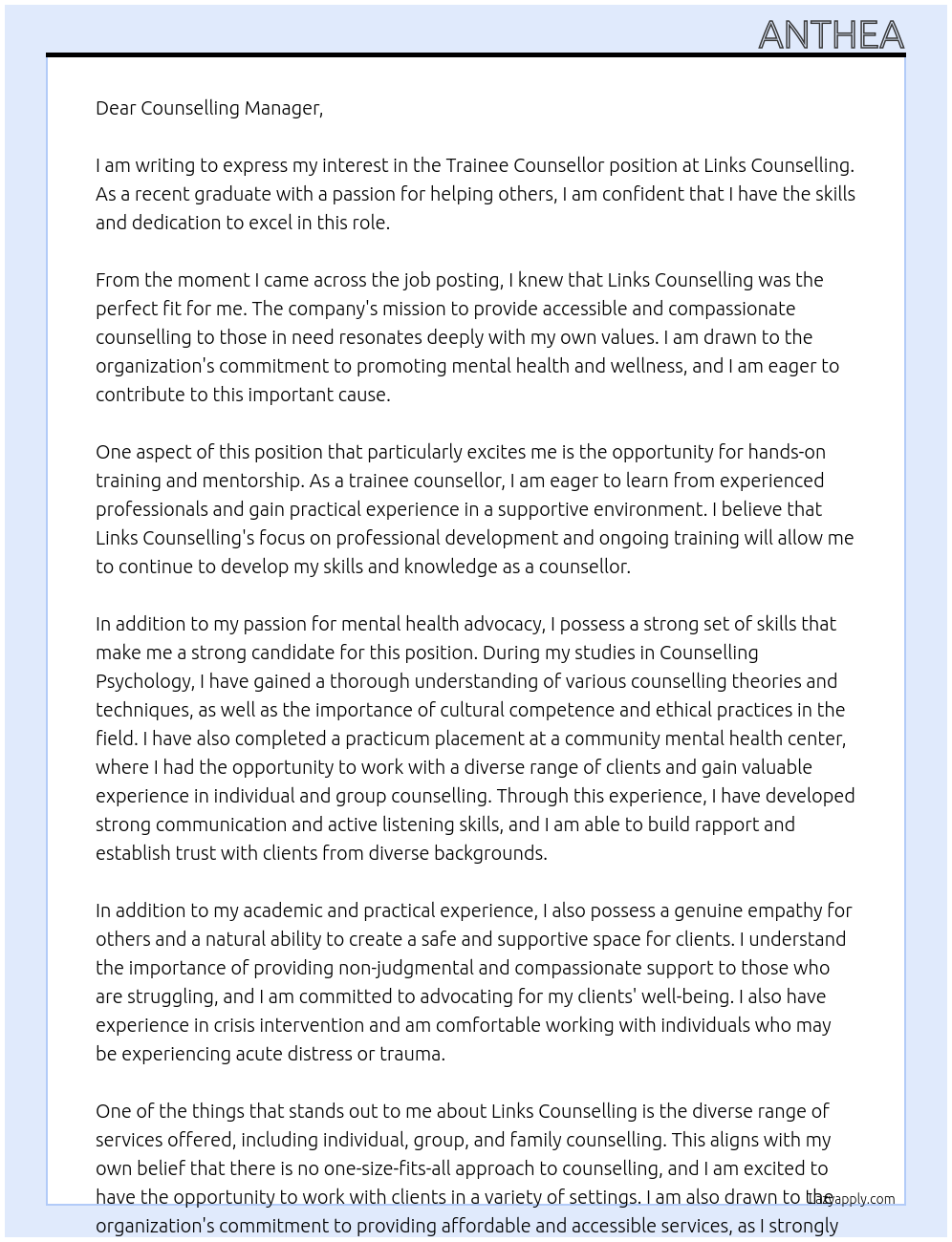 Cover letter for trainee counsellor - LazyApply