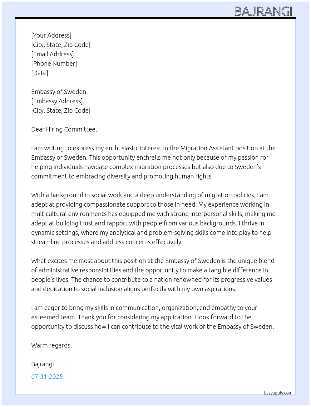 Cover letter for migration assistant - LazyApply