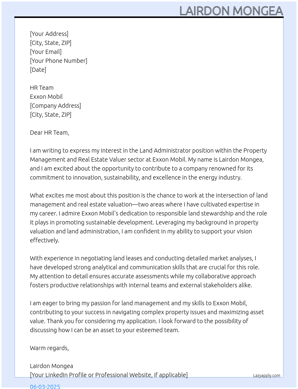 Cover letter for land administrator, property management, real estate ...