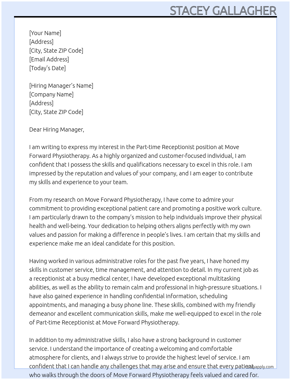 Cover letter for part time receptionist - LazyApply