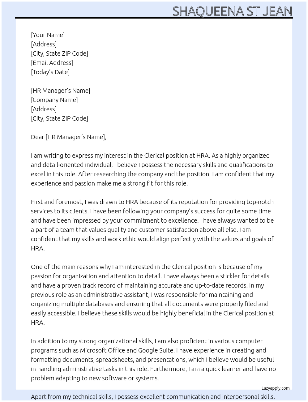 Cover letter for clerical - LazyApply