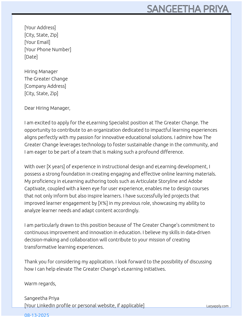 Cover letter for elearning specialist - LazyApply
