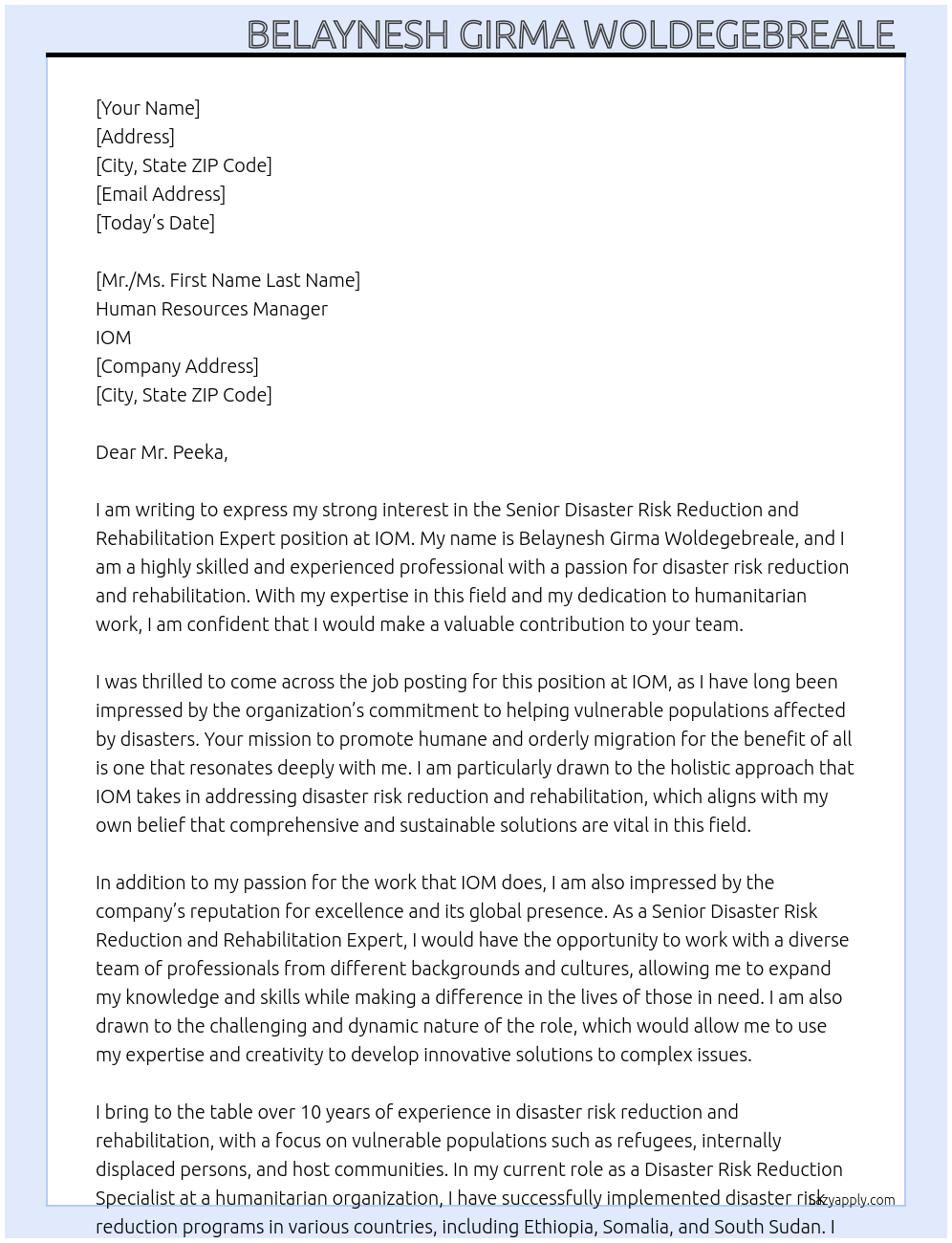 Cover letter for senior disaster risk reduction and rehabilitation ...