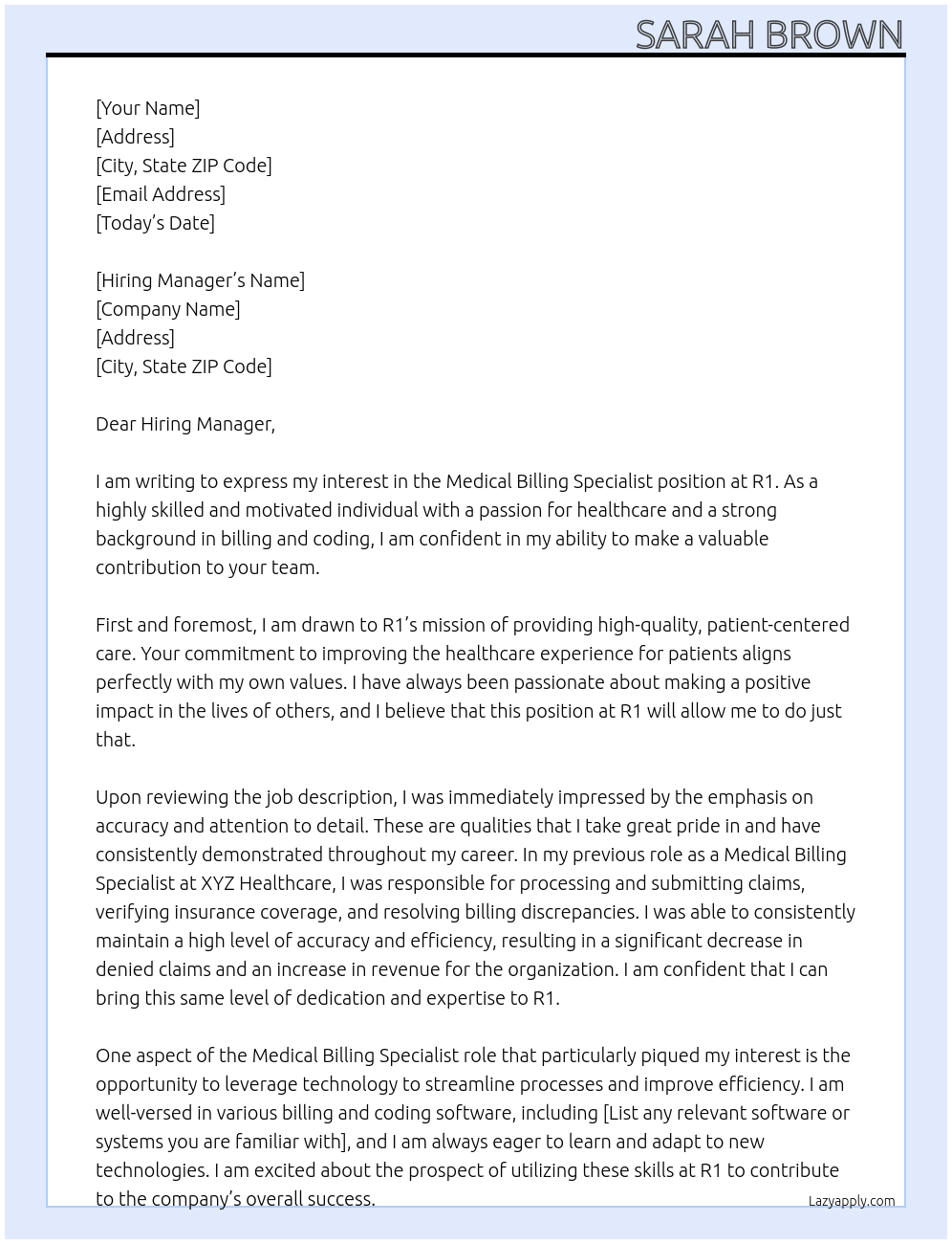Cover letter for medical billing specialist - LazyApply