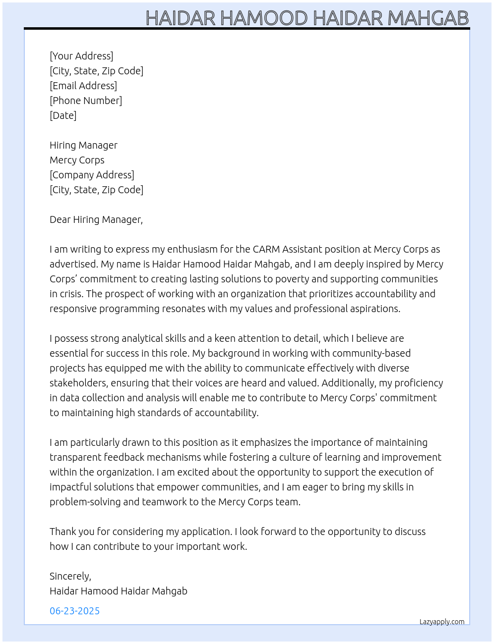 Cover letter for carm assistant - LazyApply