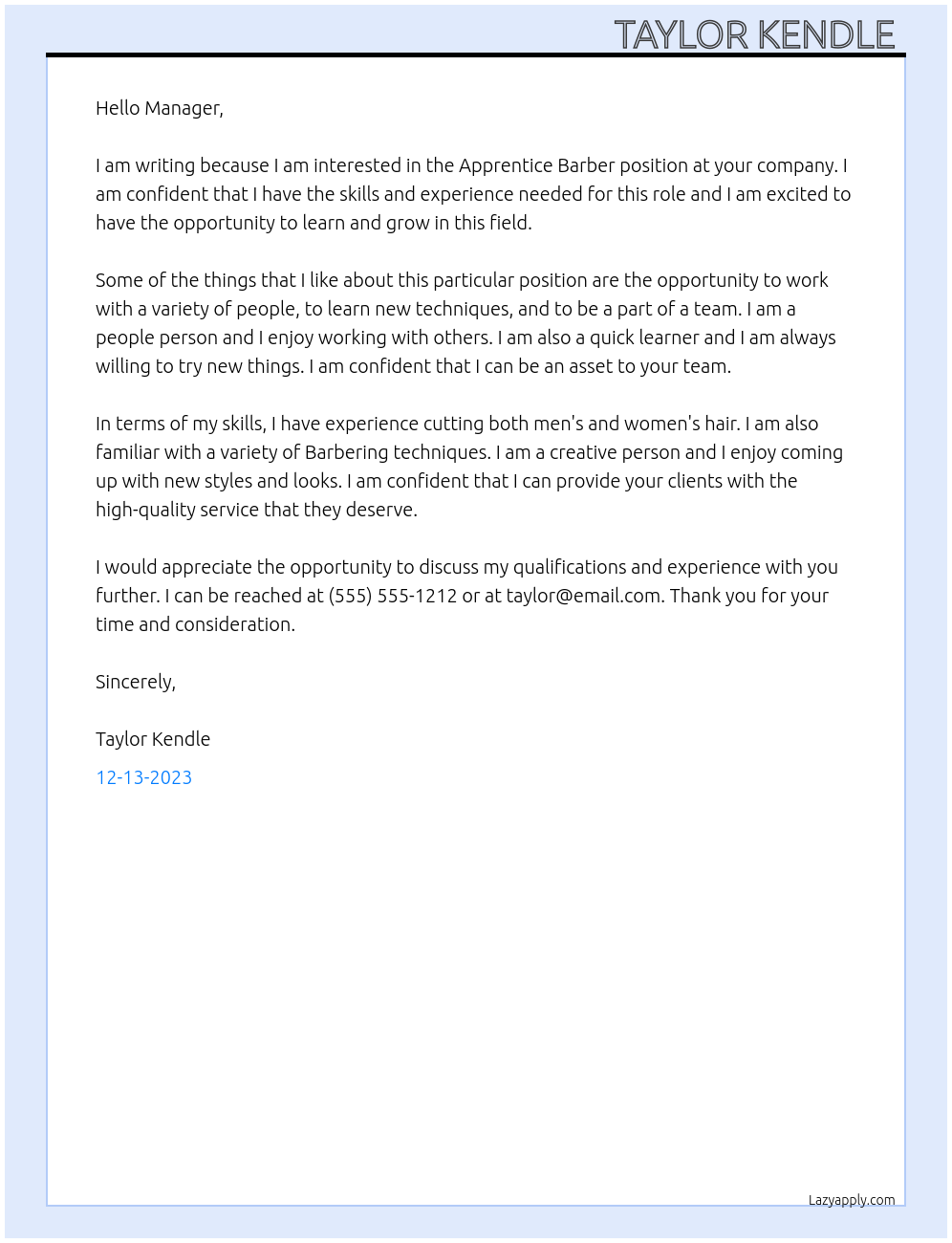 Cover letter for barber - LazyApply