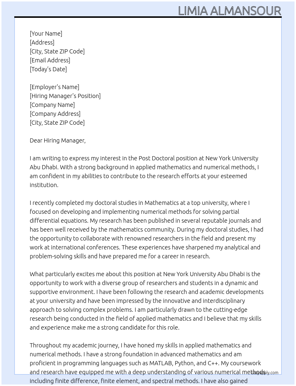 Cover letter for post doctoral - LazyApply