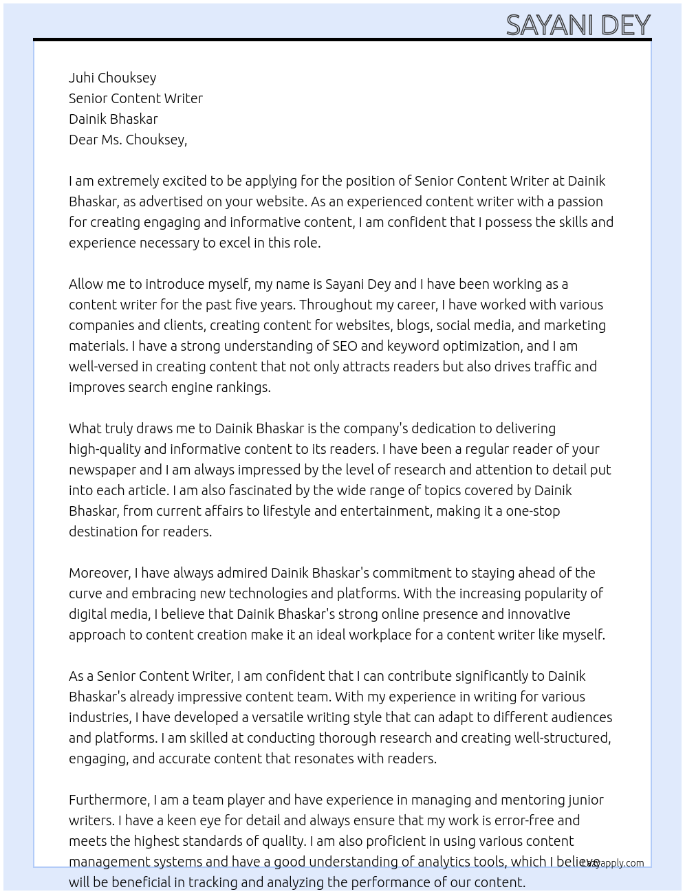 Cover letter for senior content writer - LazyApply