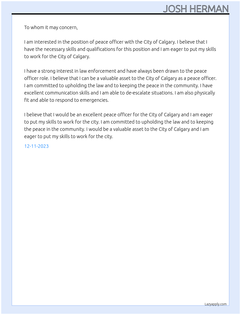Cover letter for peace officer - LazyApply