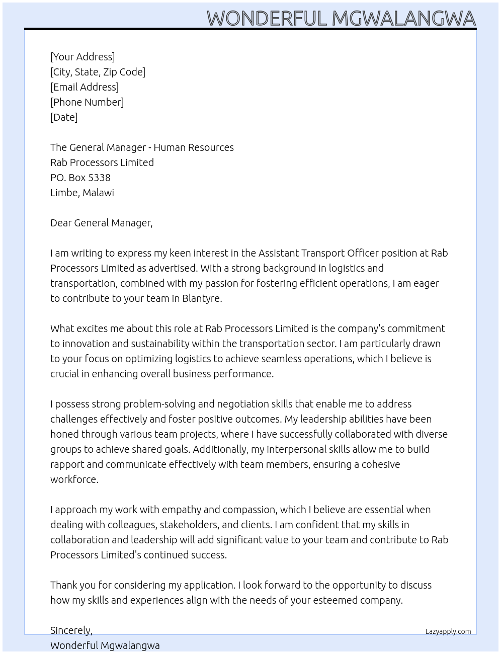 Cover letter for assistant transport officer - LazyApply