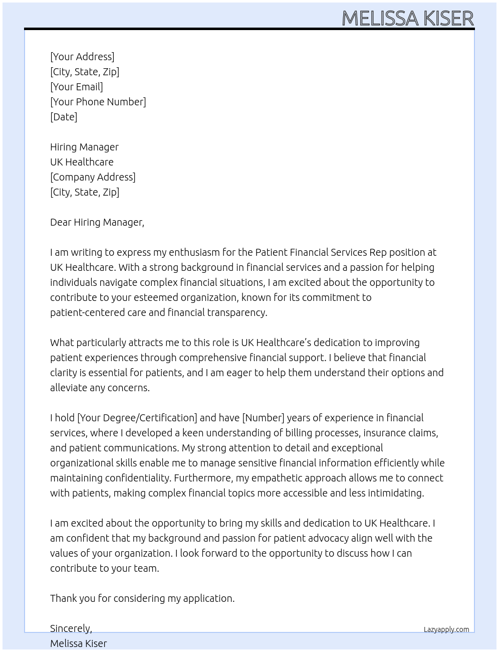 Cover letter for patient financial services rep - LazyApply