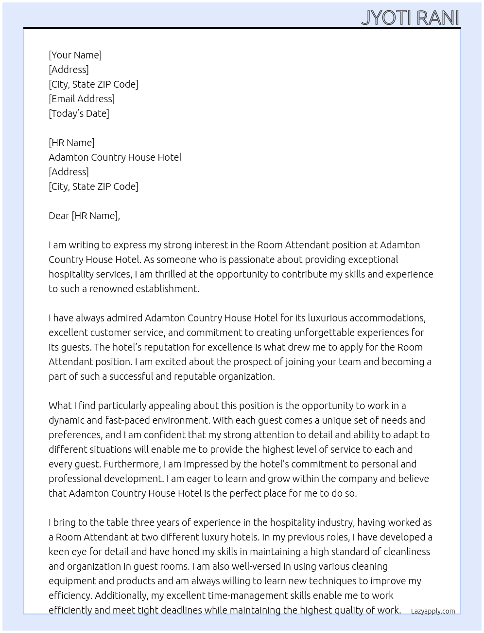 Cover letter for room attendant - LazyApply