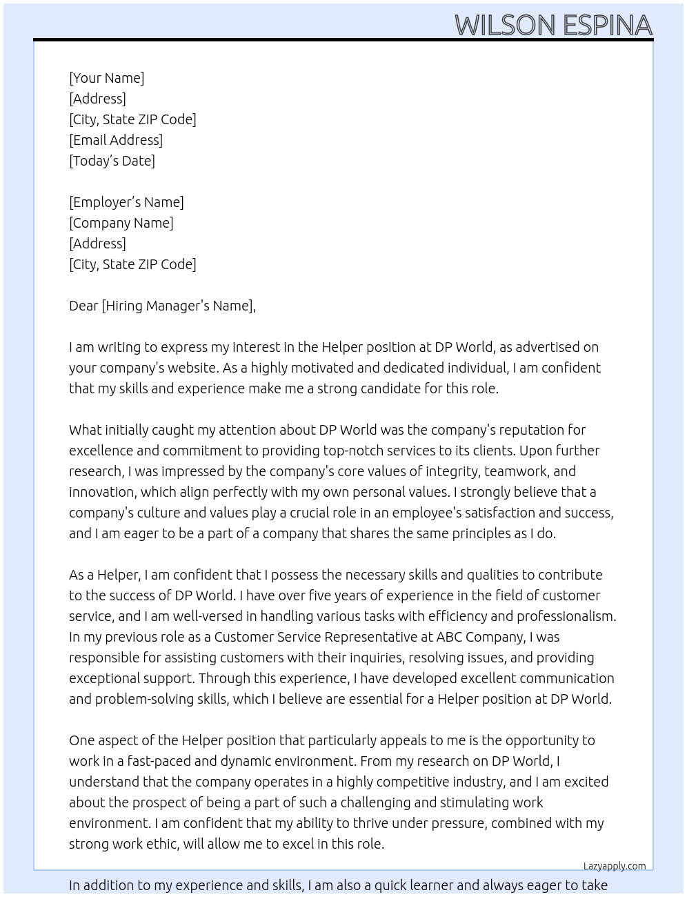Cover letter for helper - LazyApply