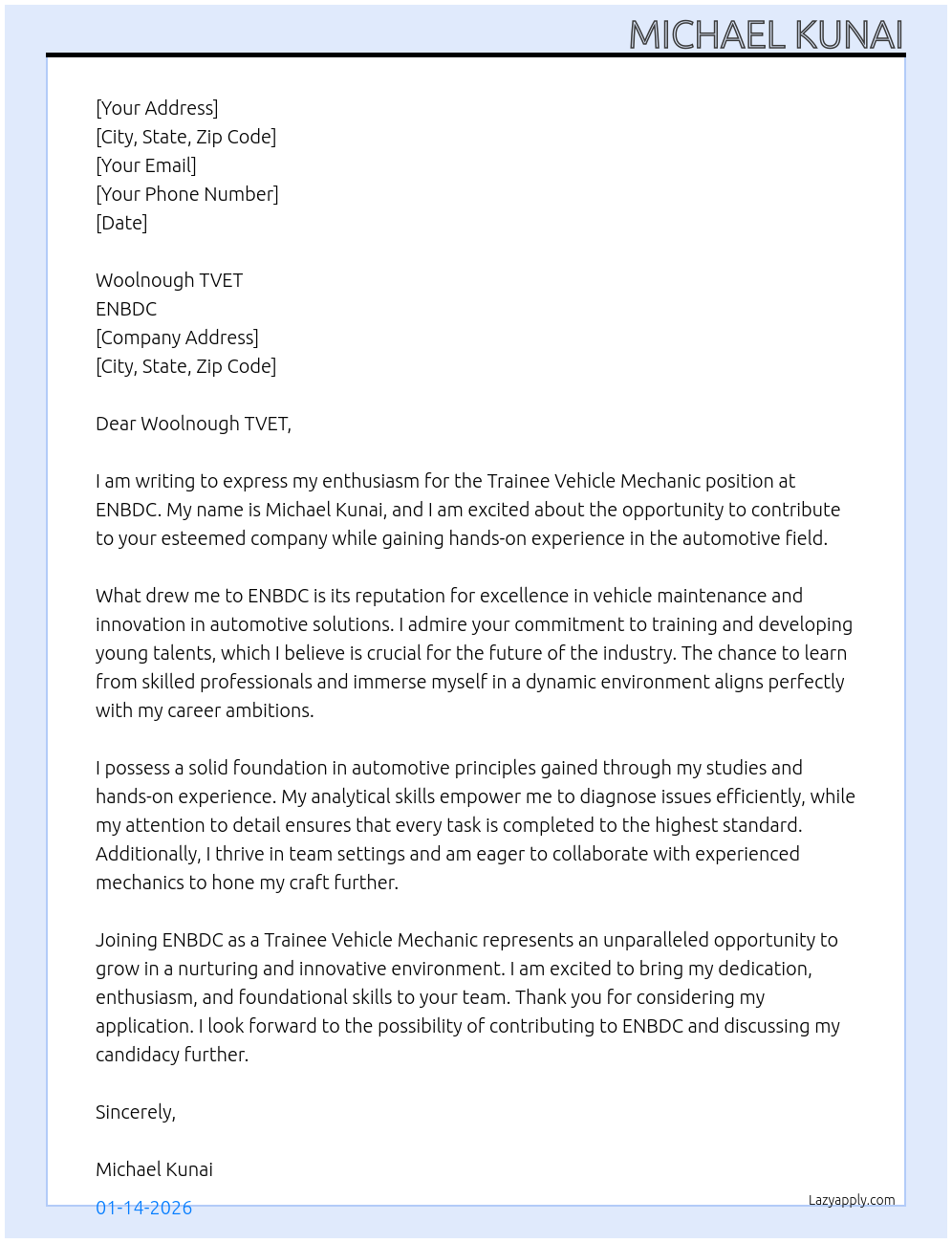 Cover letter for trainee vehicle machanic - LazyApply