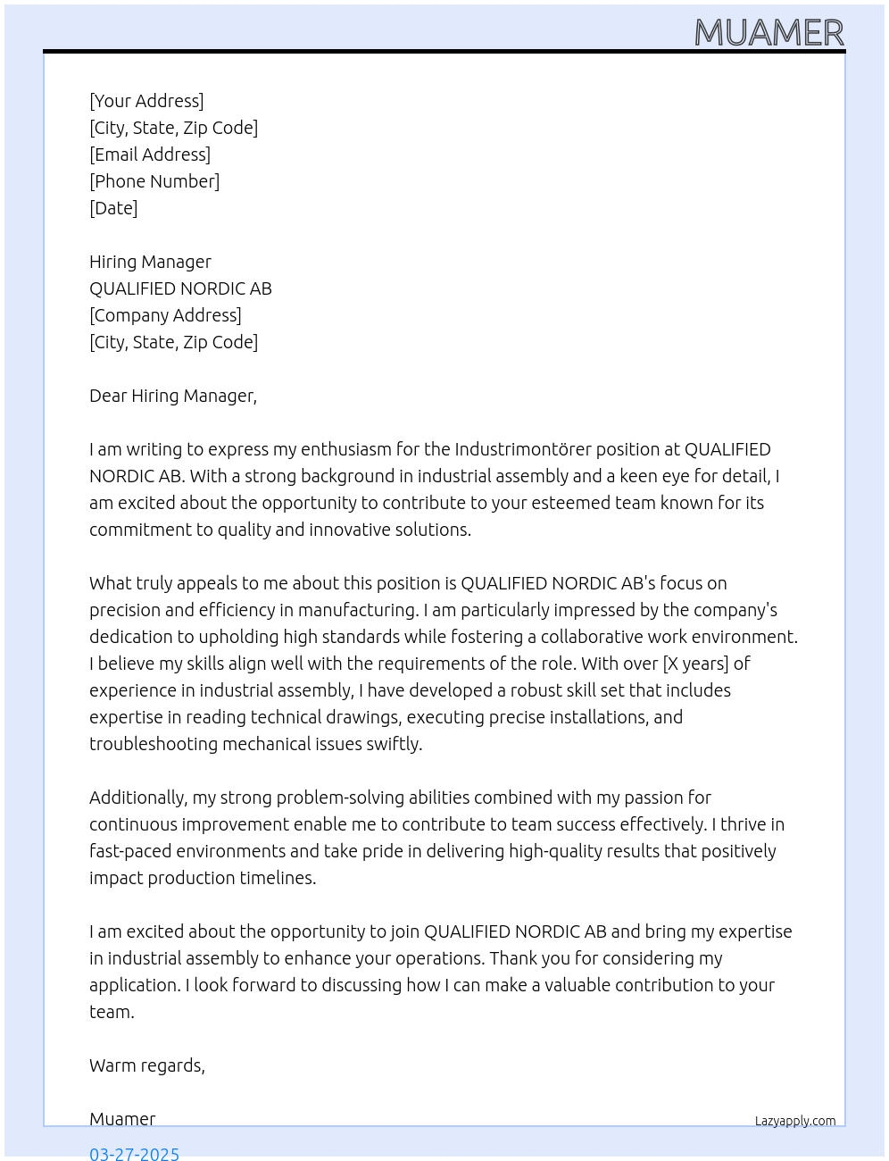 Cover letter for industrimontörer - LazyApply