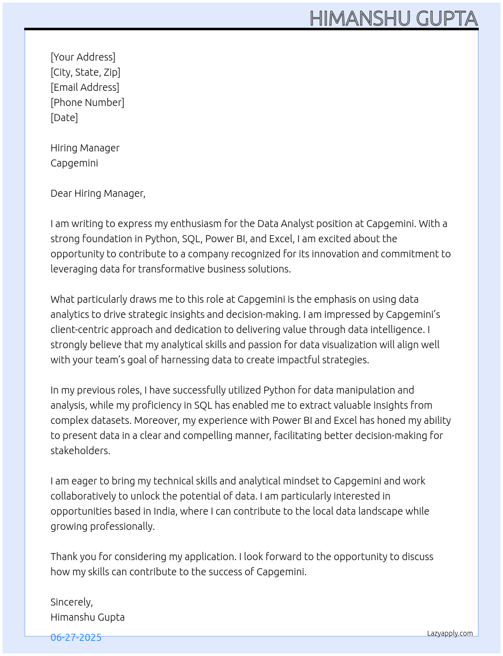 Cover letter for Capgemini - LazyApply