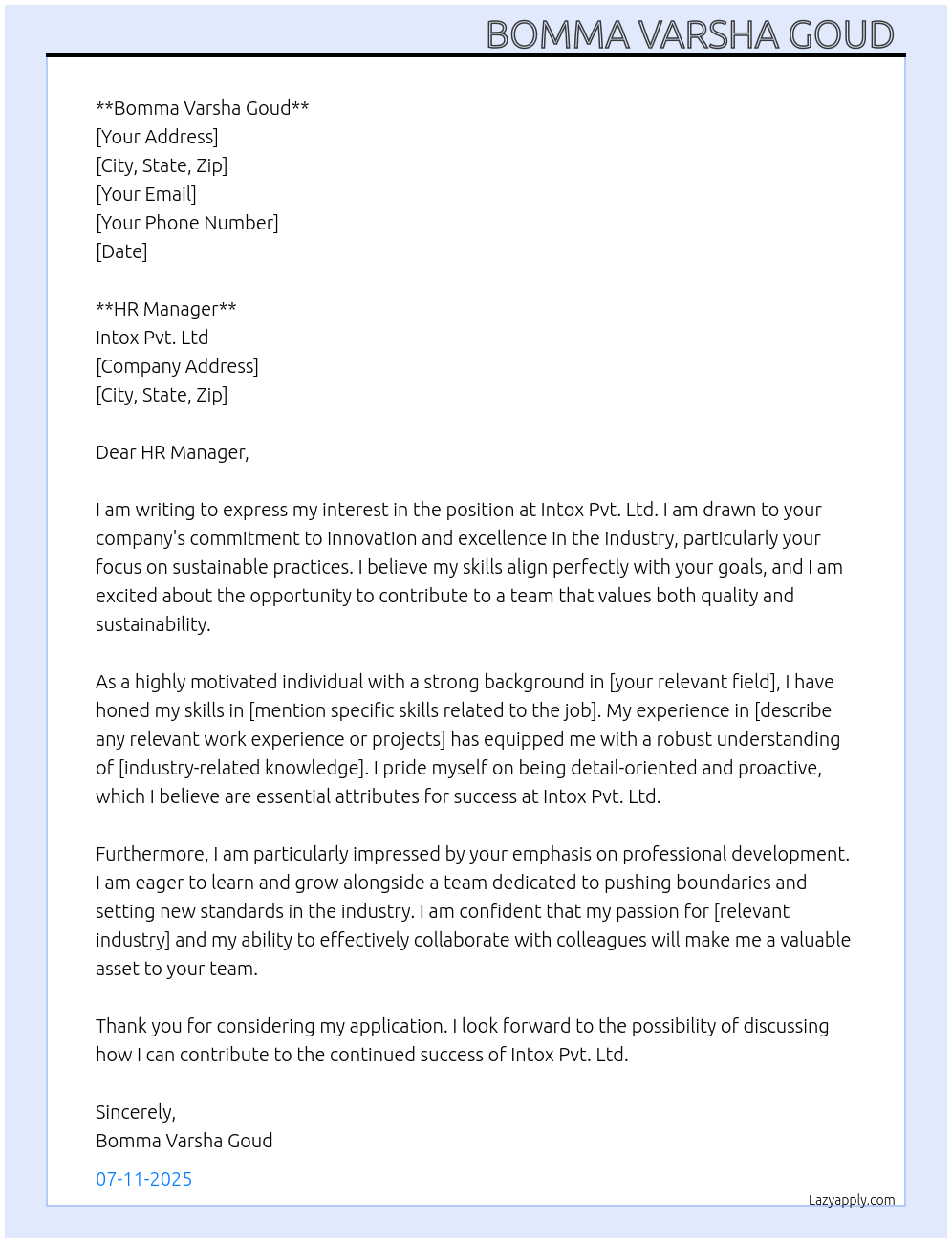 Cover letter for intox pvt. ltd - LazyApply