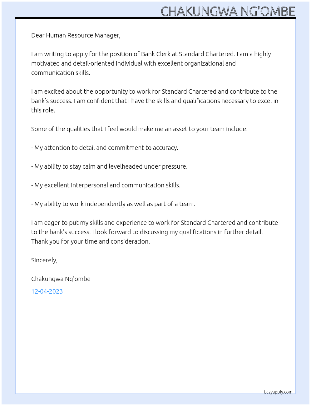 Cover letter for bank clerk - LazyApply