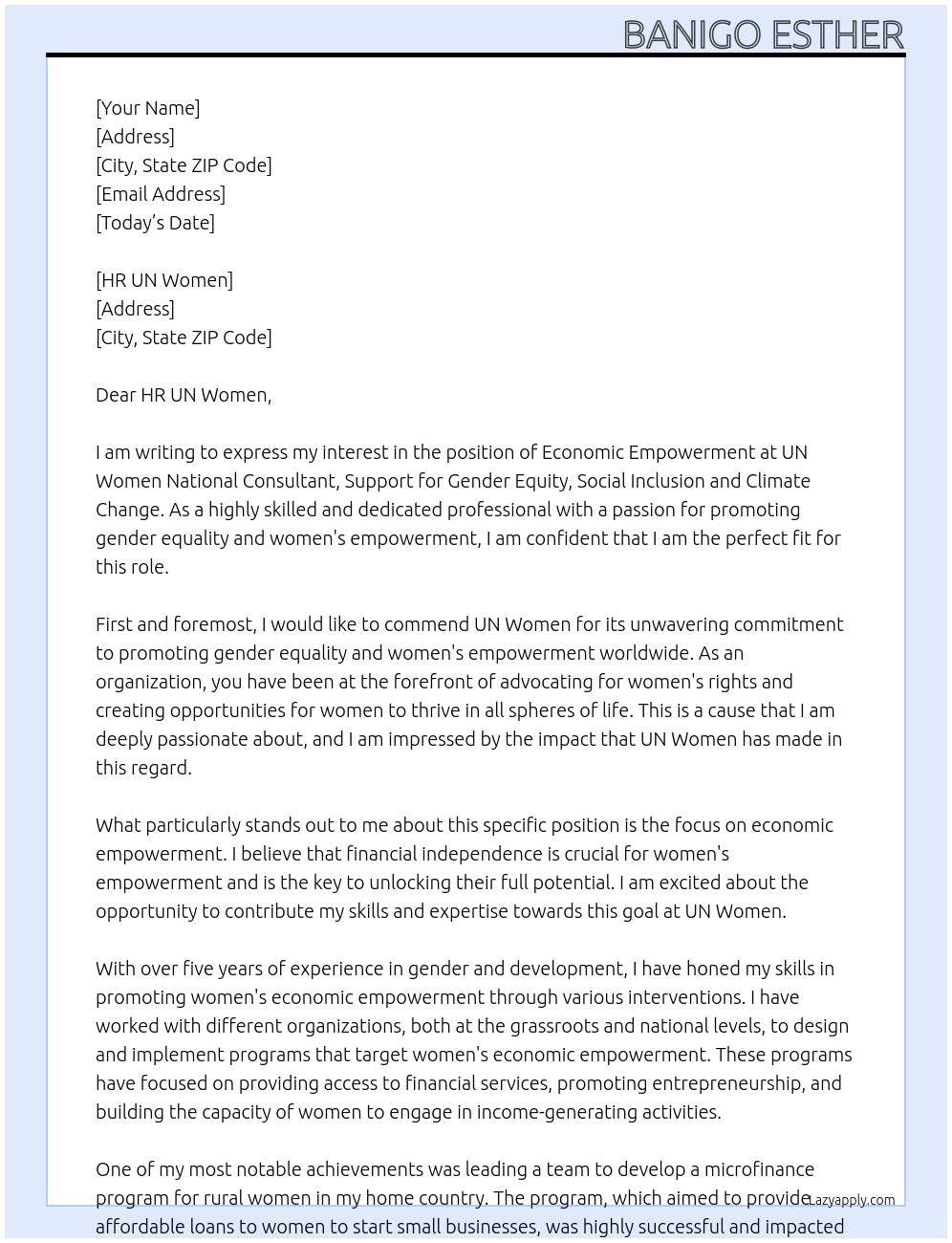 Cover letter for economic empowerment - LazyApply
