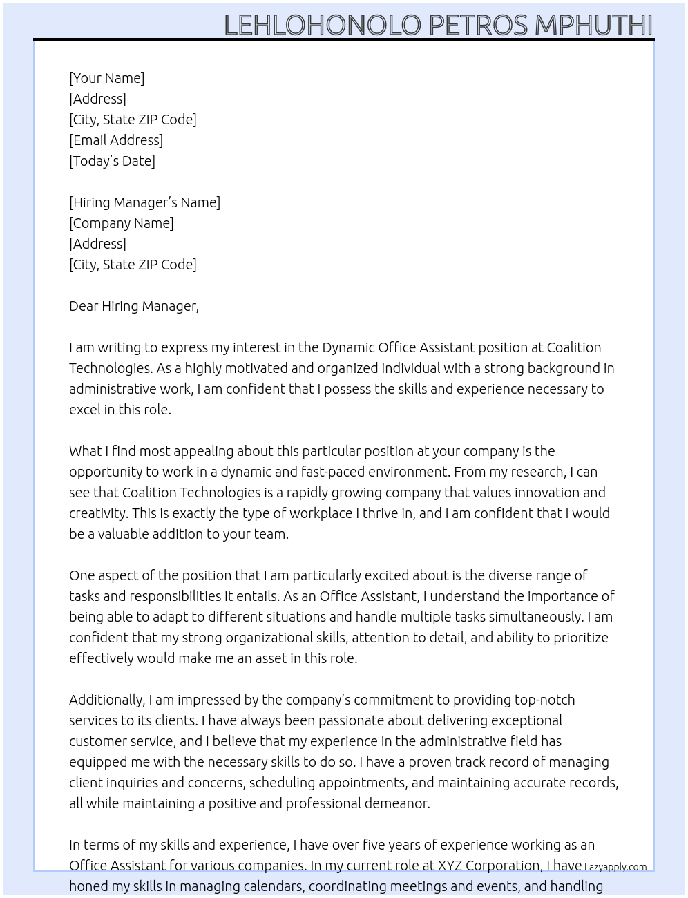 Cover letter for dynamic office assistant - LazyApply