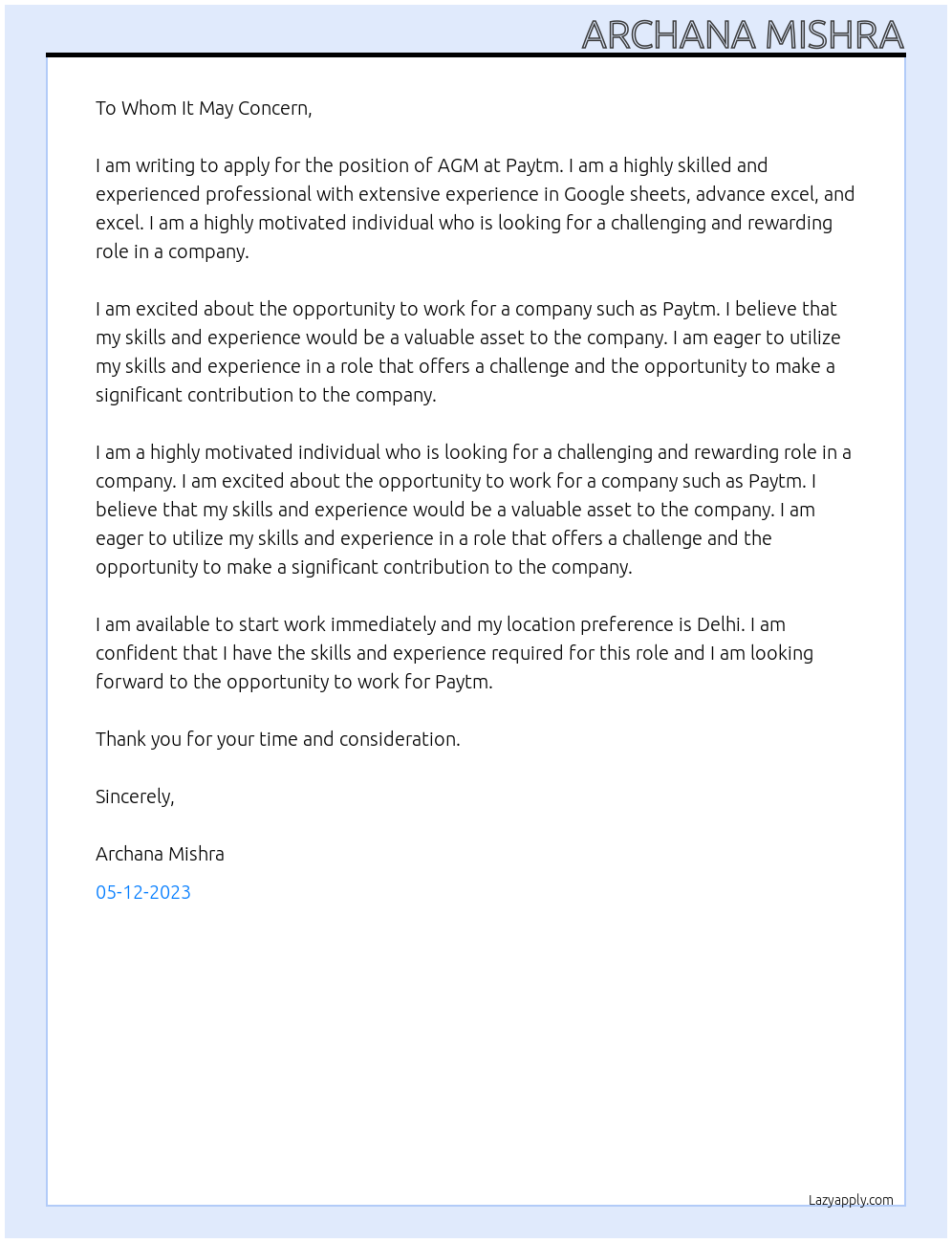 Cover letter for agm - LazyApply