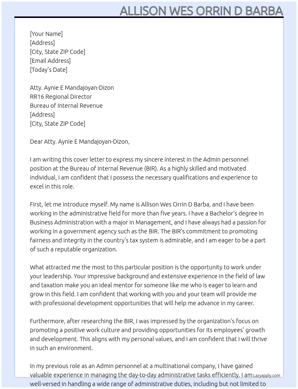 Cover letter for admin personnel - LazyApply