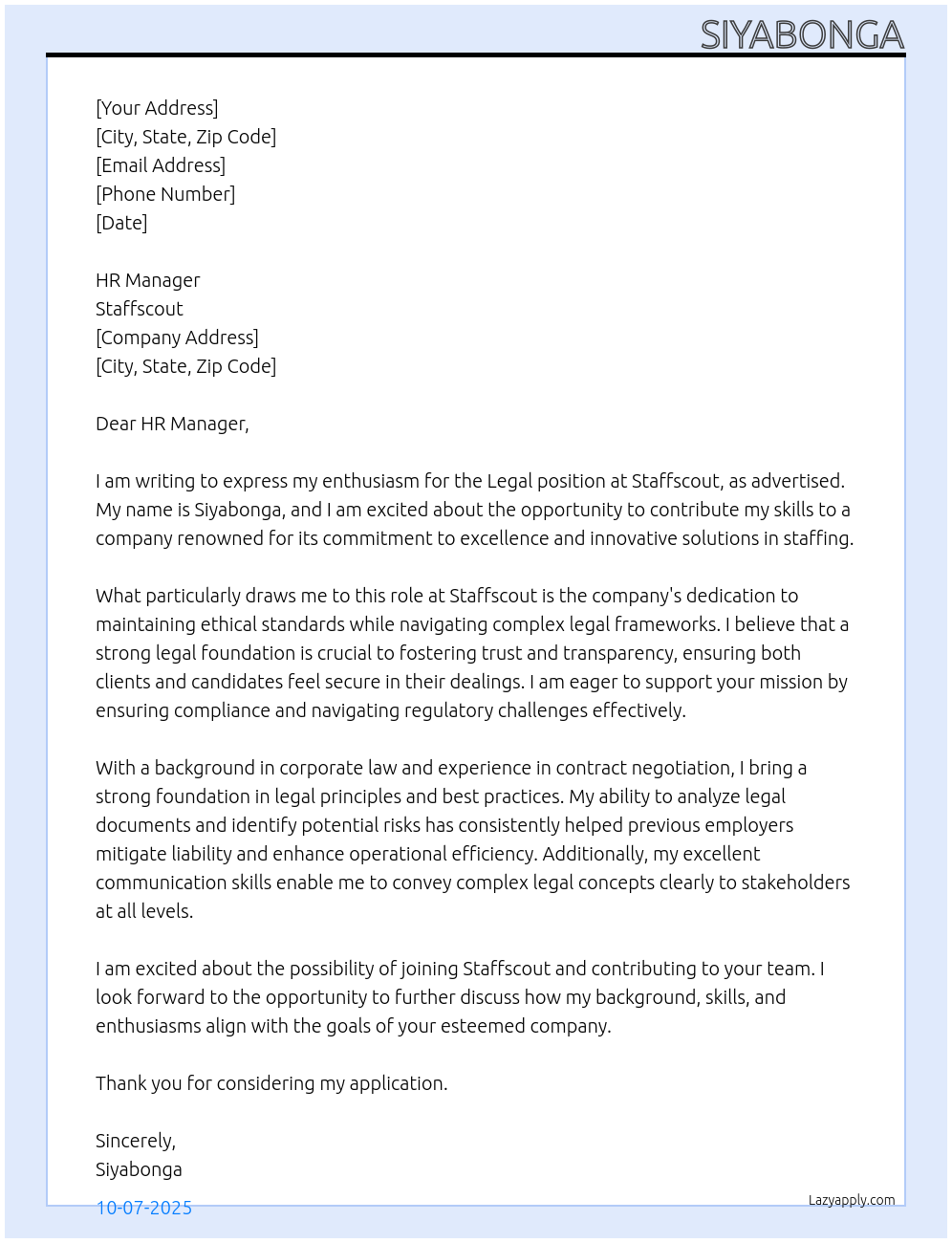 Cover letter for legal role - LazyApply