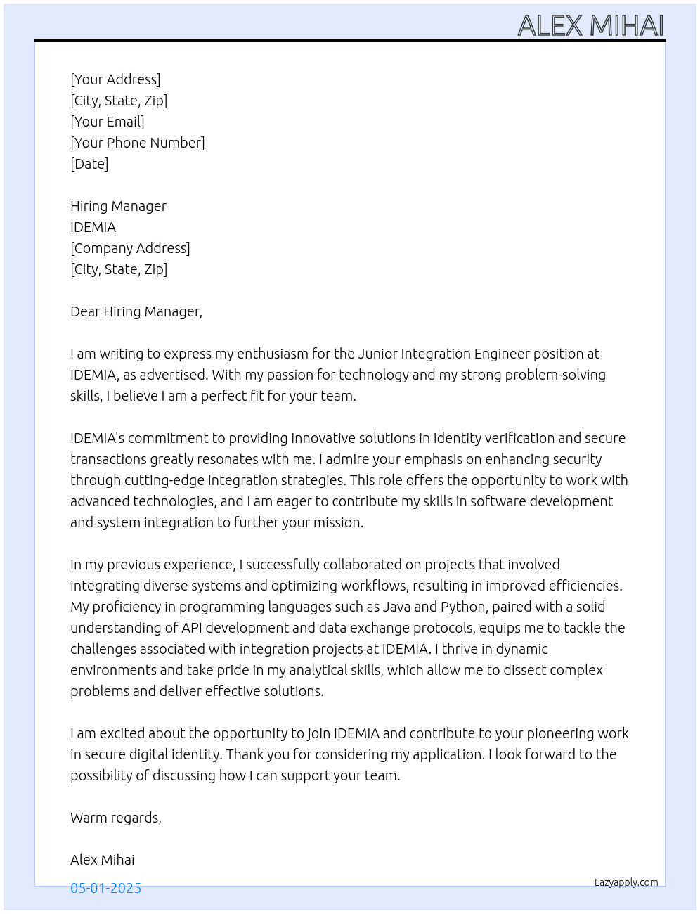 Cover letter for junior integration engineer - LazyApply