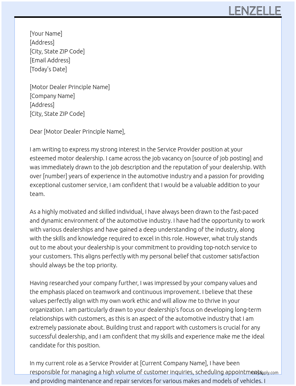 Cover letter for service provider - LazyApply