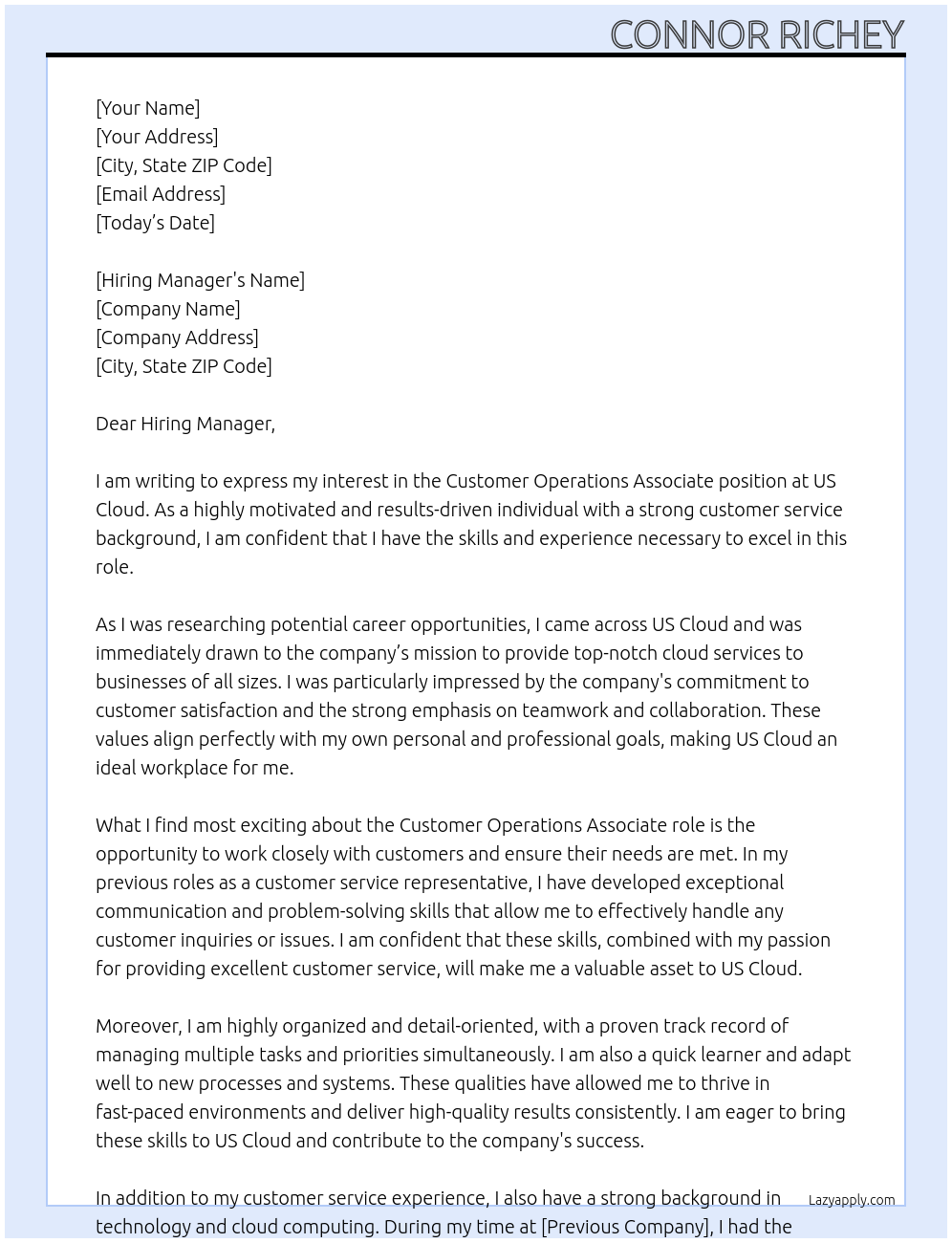 Cover letter for customer operations associate - LazyApply