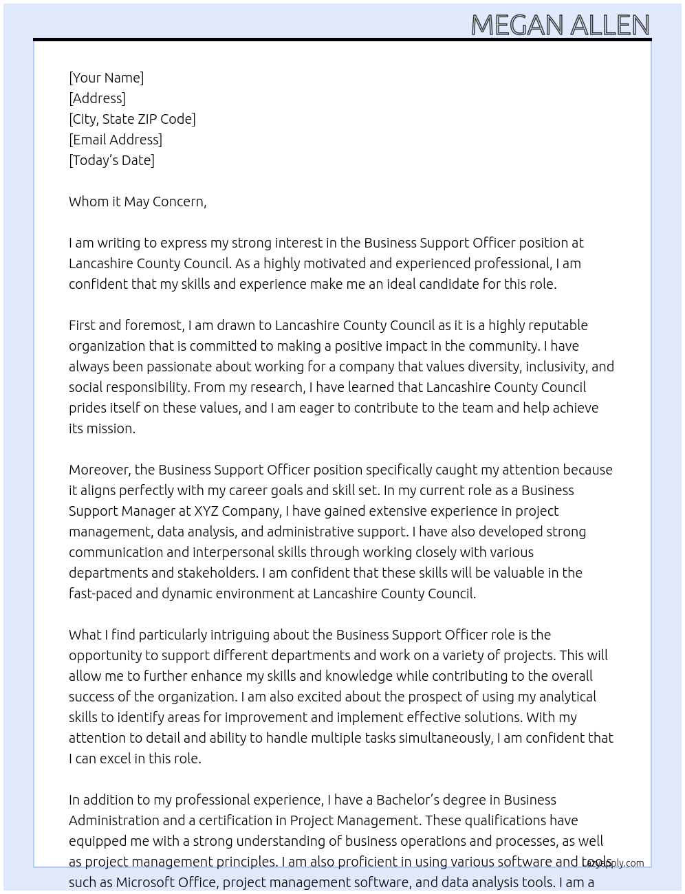 Cover letter for business support officer - LazyApply