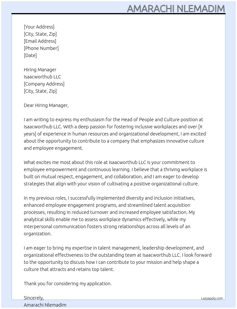 Cover letter for head people and culture - LazyApply