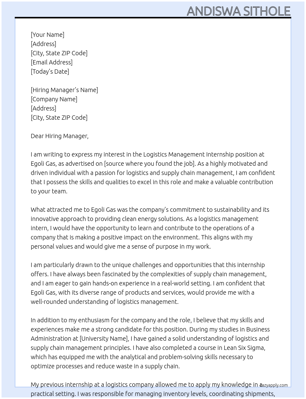 Cover letter for logistics management internship - LazyApply