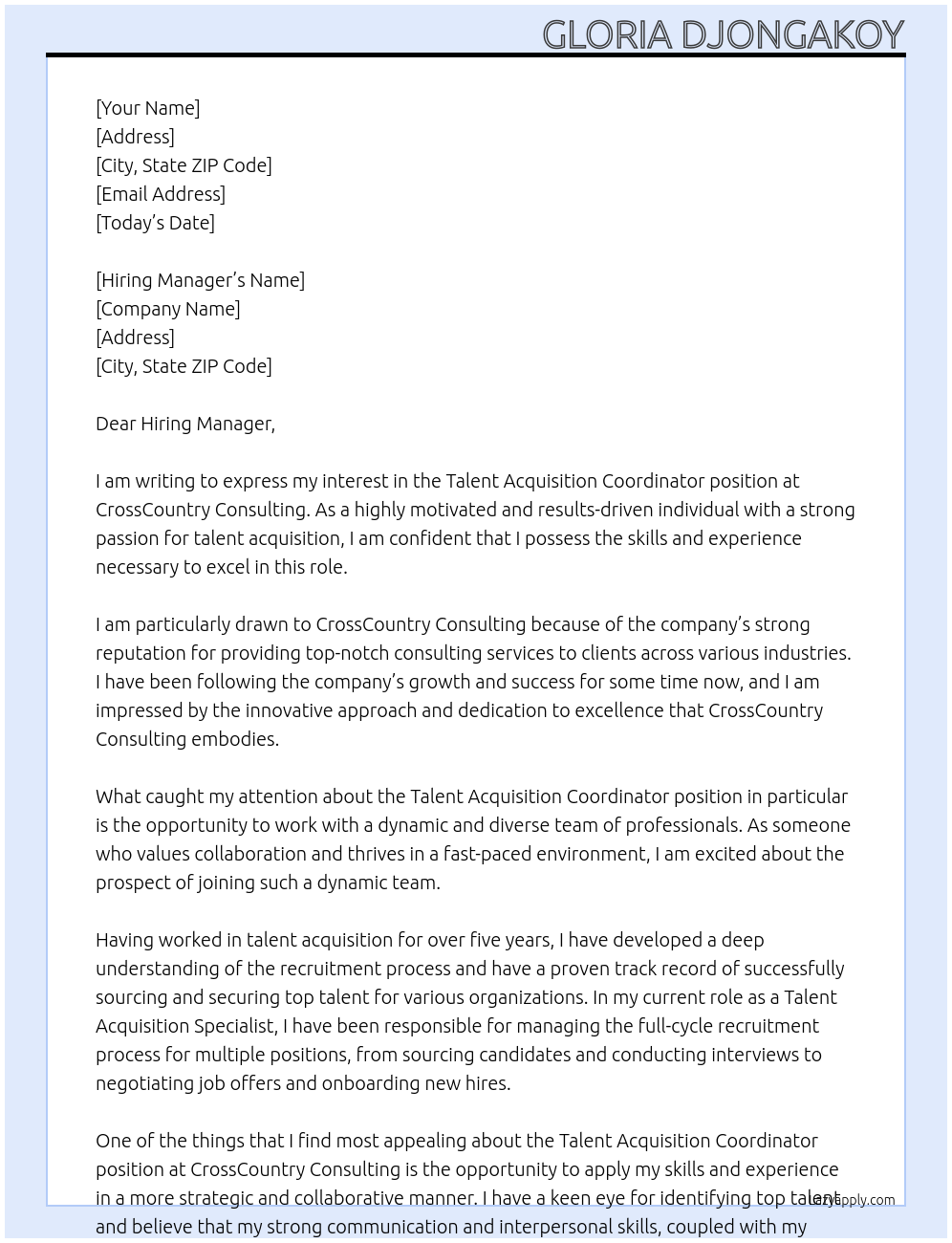 Cover letter for talent acquisition coordinator - LazyApply