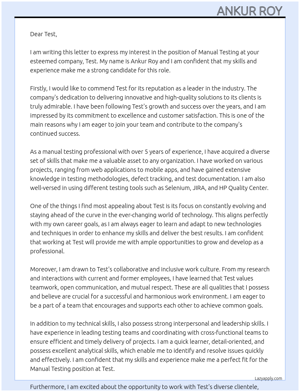 Cover letter for manual testing - LazyApply