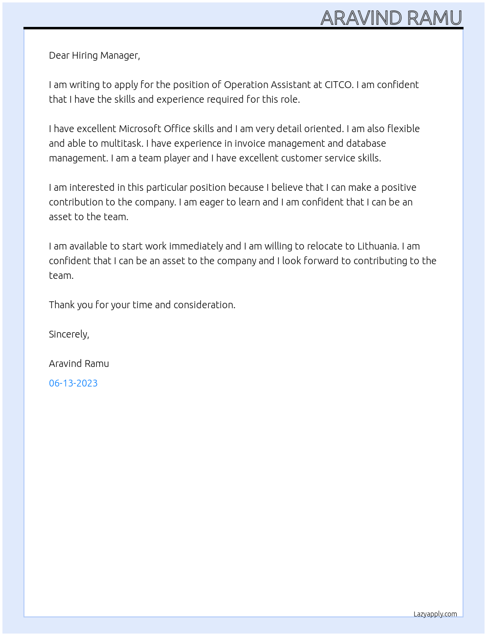 Cover letter for operation assistant - LazyApply