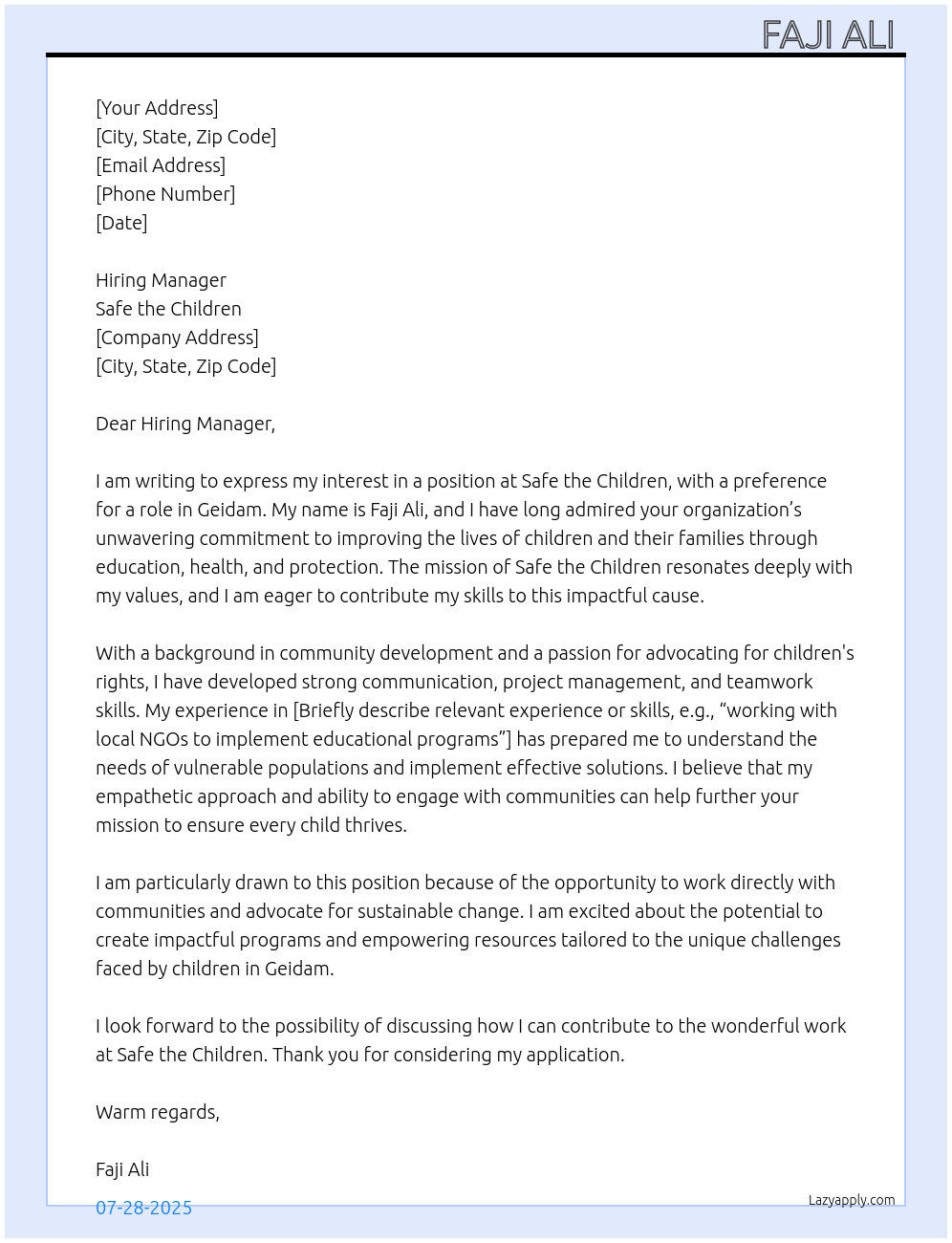 Cover letter for safe the children - LazyApply