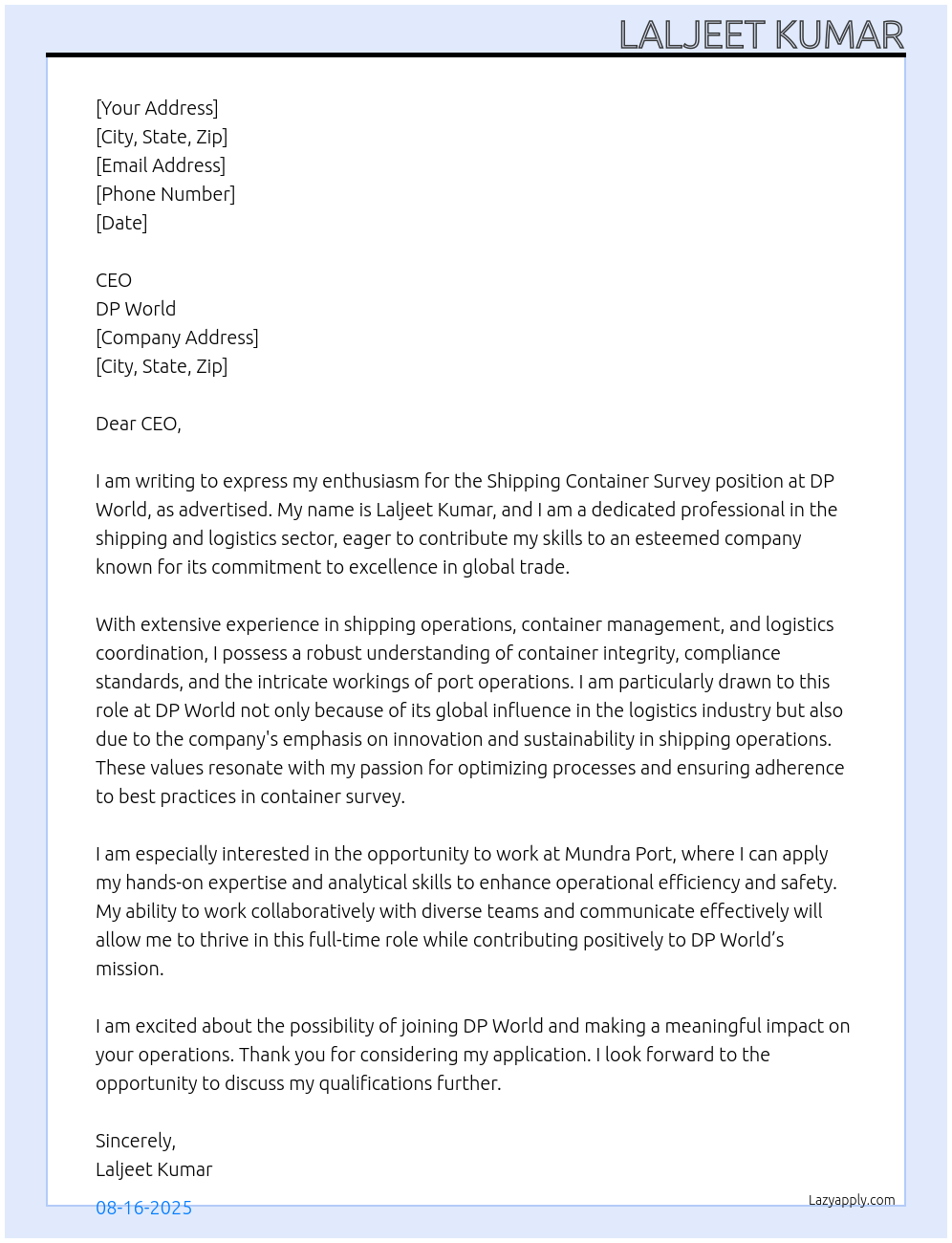 Cover letter for shipping container survey - LazyApply