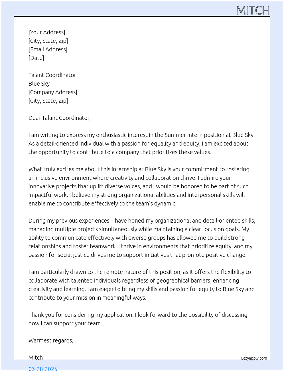Cover letter for summer inter - LazyApply