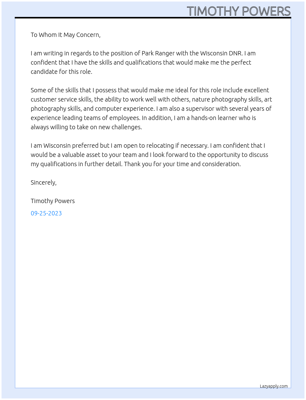 Cover letter for park ranger - LazyApply