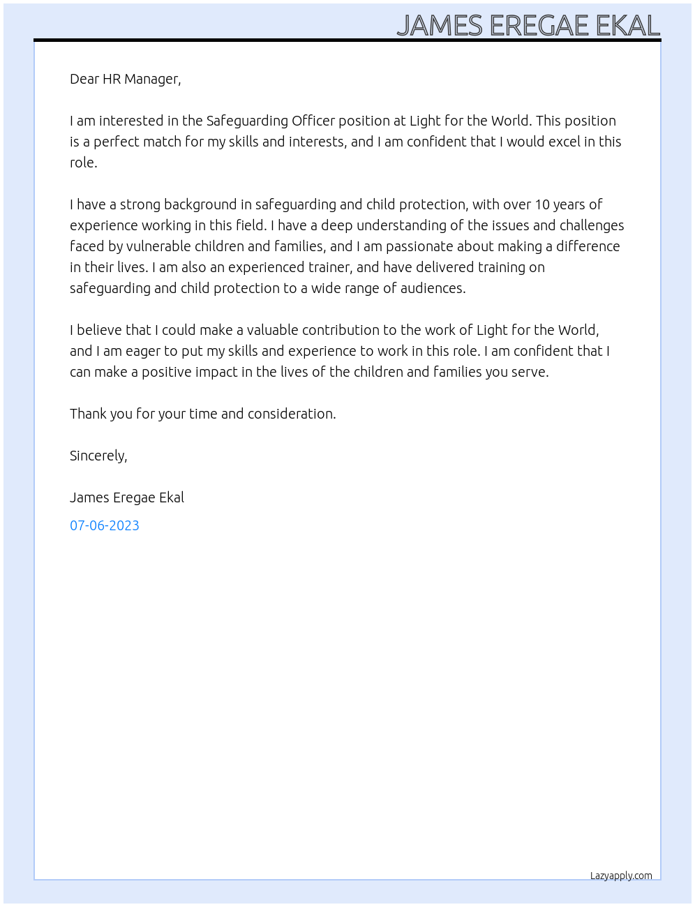 Cover letter for safeguarding officer - LazyApply