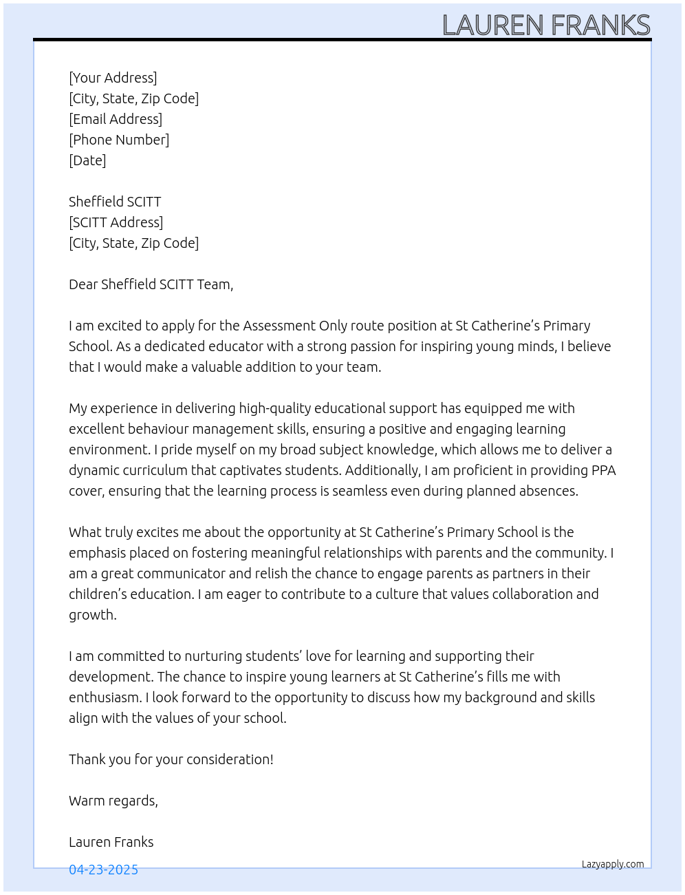 Cover letter for assessment only route - LazyApply