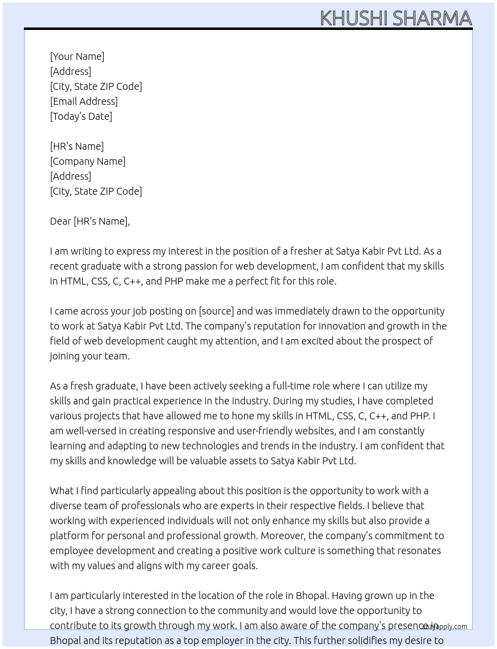 Cover letter for for freshers - LazyApply