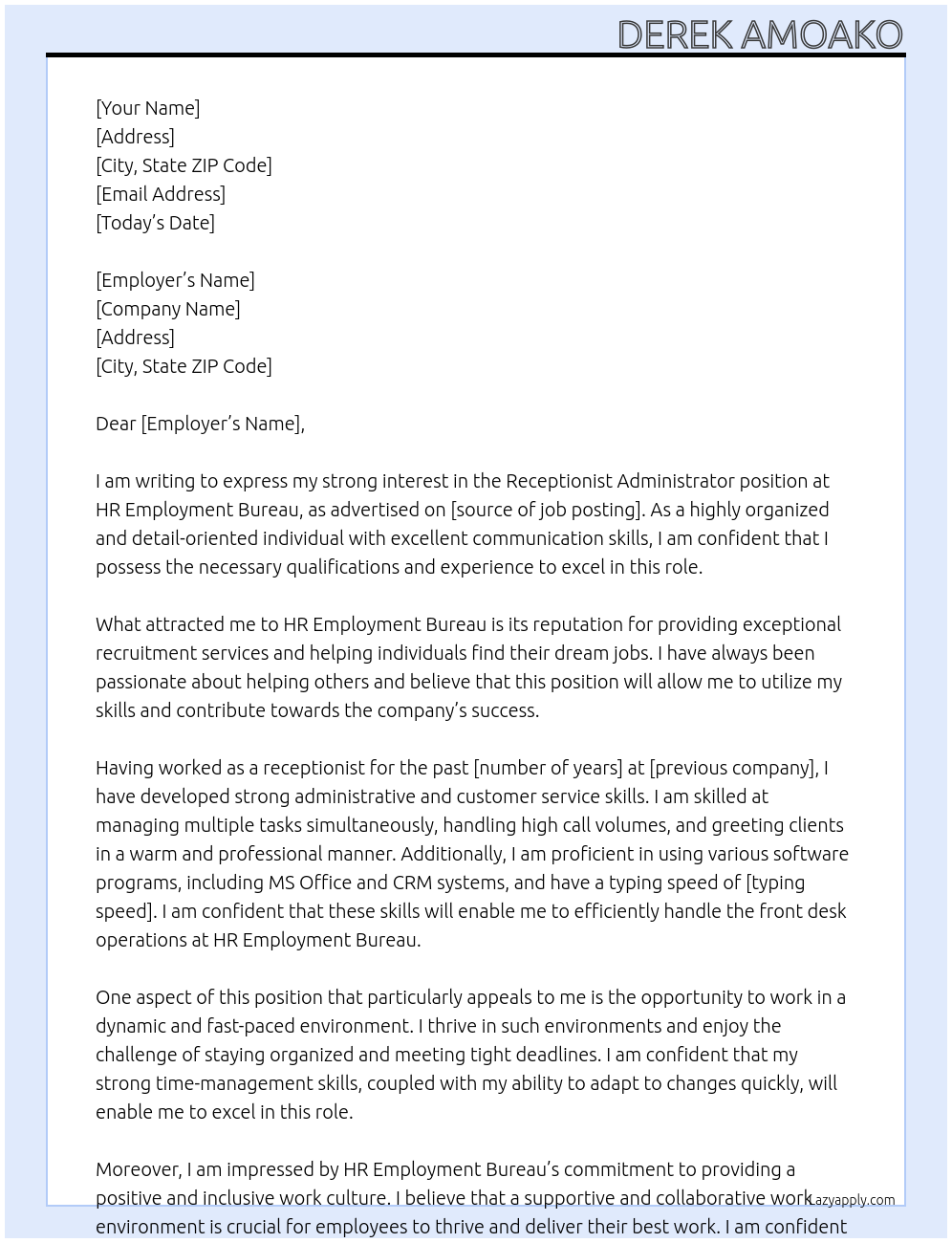 Cover letter for receptionist / administrator - LazyApply
