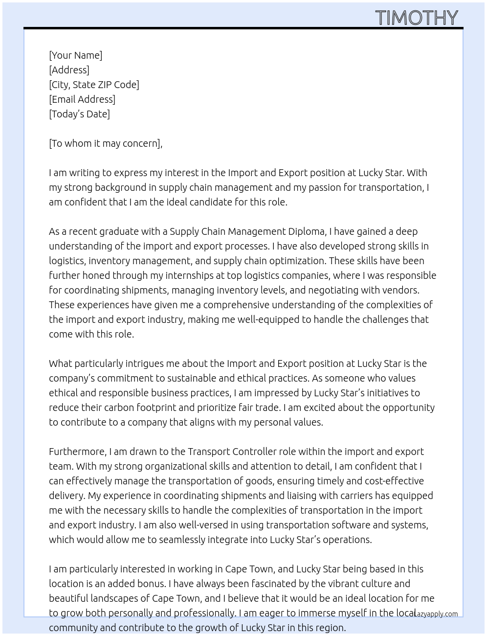 Cover letter for import and export - LazyApply