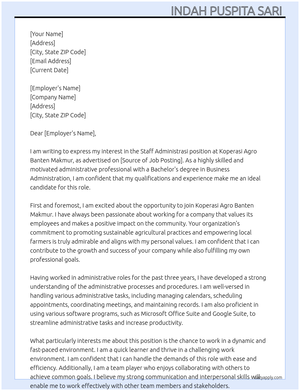 Cover letter for staff administrasi - LazyApply