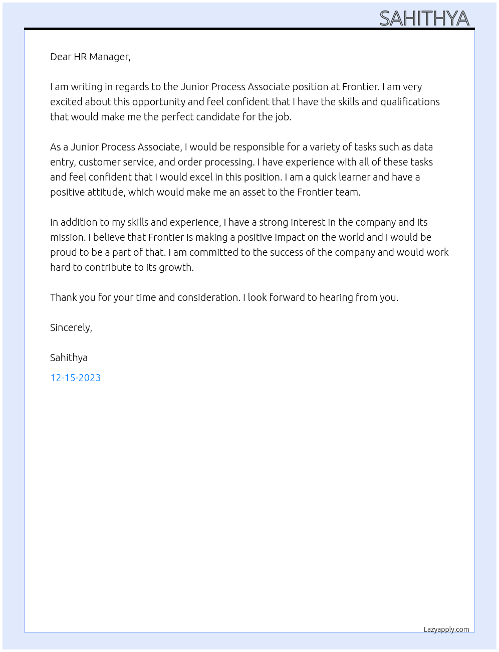 Cover letter for junior process associate - LazyApply