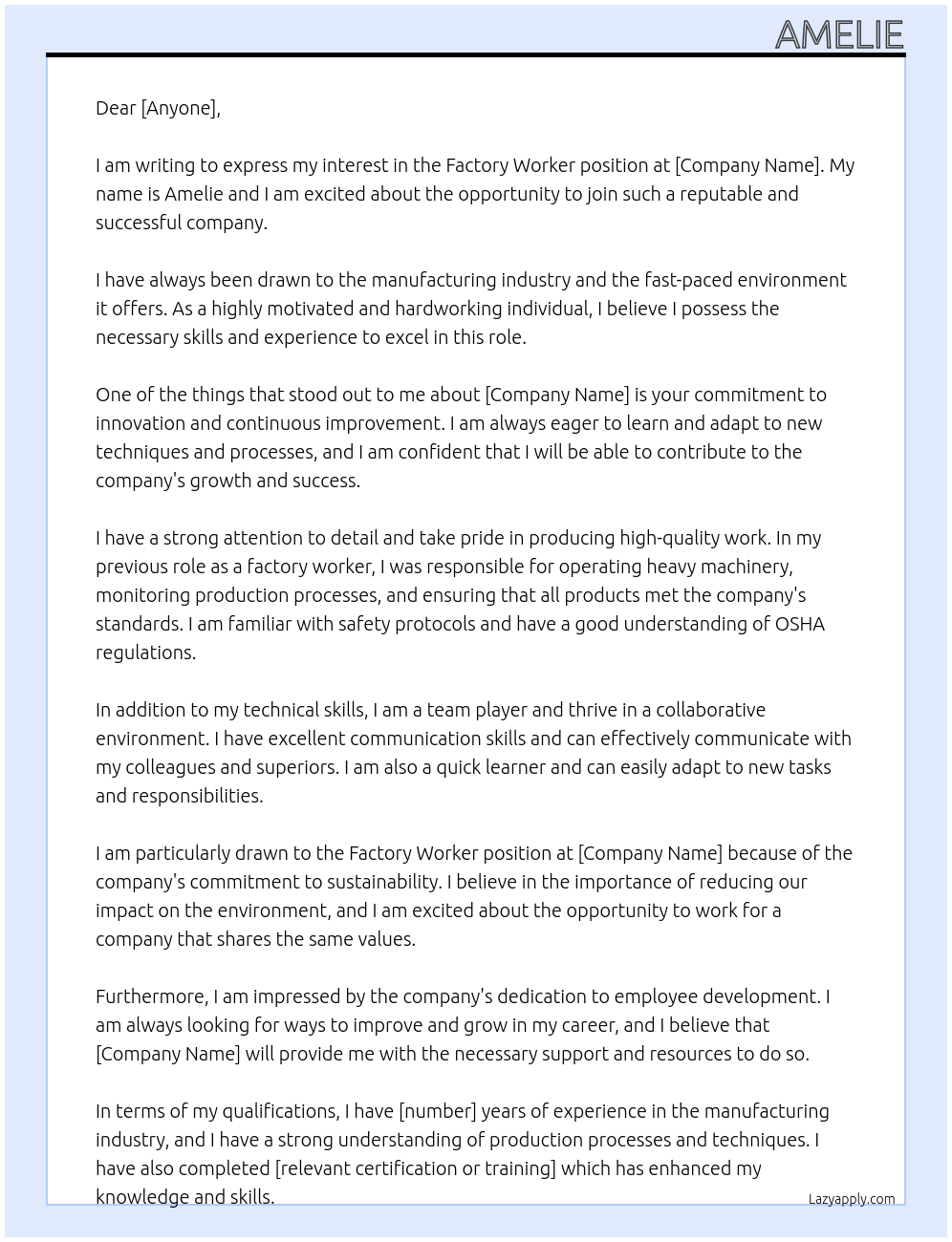 Cover letter for factory worker - LazyApply