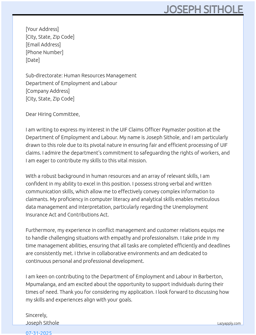 Cover letter for uif claims officer paymaster - LazyApply